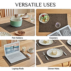 Softalker Faux Linen Placemats Set of 6-12 x 18 Inch, Heat Resistant Double Layered Durable Burlap Farmhouse Place Mats, Non-Slip Washable Rustic Table Mats for Dining, Kitchen, Party（Brown