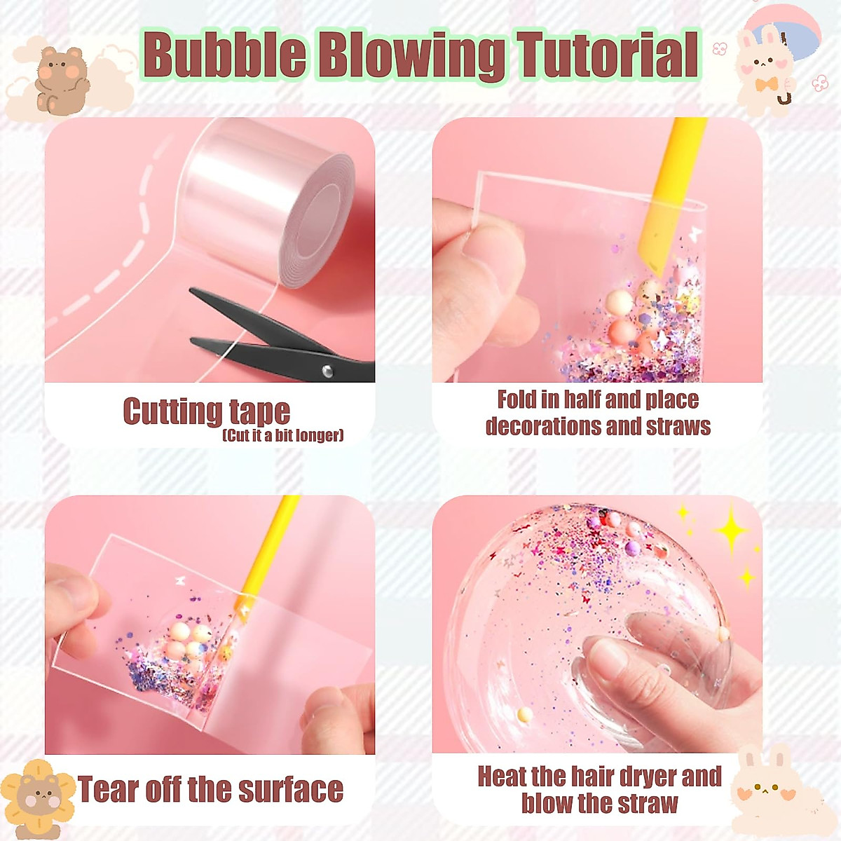 POUYRBA Multicolored Nano Tape Bubble Kit, 43pcs 9.84FT Nano Tape Bubble Kit for Kids Double Sided Tape Plastic Bubble Super Elastic Bubbles DIY Craft Kit for Party Favors