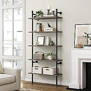 Realyoo Wall Mounted Bookshelf, 5 Tier Industrial Open Vintage Bookcase, Rustic Wood and Metal Book Shelf, Tall Modern Book Case for Office Home Living Room Bedroom - Oak Gray