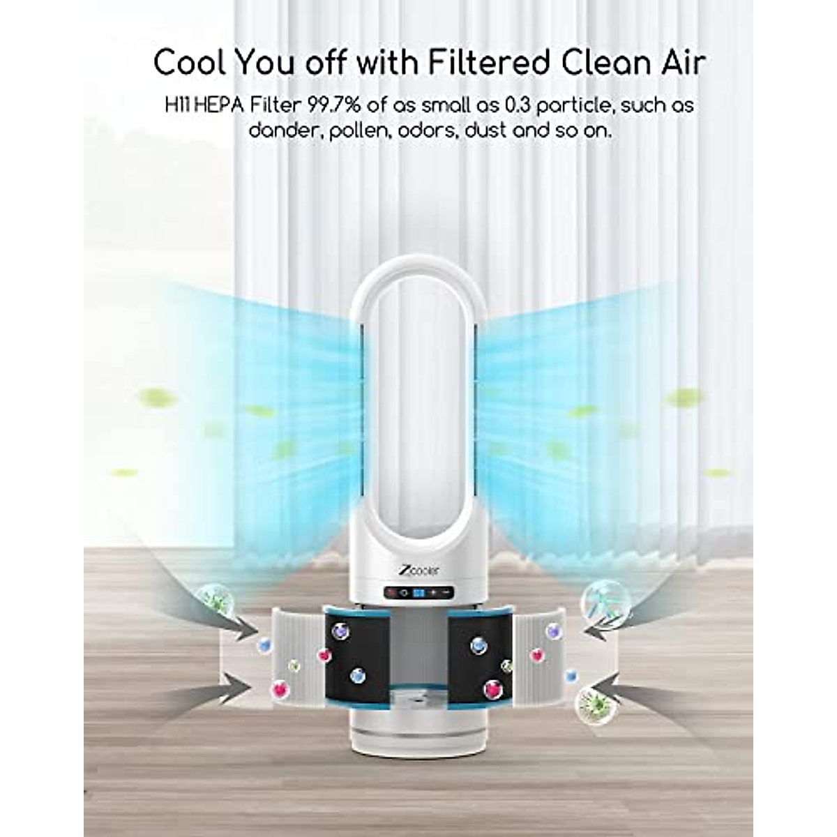 ZICOOLER 32" Tower Fan, 80° Oscillating Bladeless Cooling Fan Air Purifier Combo with Remote, 8 Speeds, 8H Timer, LED Display with Auto Off, Portable Floor Fan for Home Bedroom Living Rooms Office