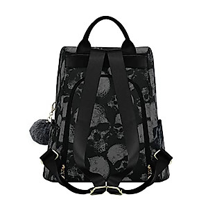 Casual Backpack (Grey Skulls) Print for Women, Fashion Anti Theft School Travel Backpack Purse 15 inch Full print Aesthetic with Fuzz Ball Key Chain, 13.4x5.9x15 inch