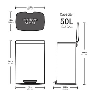 QUALIAZERO 50L/13Gal Heavy Duty Hands-Free Stainless Steel Commercial/Kitchen Step Trash Can, Fingerprint-Resistant Soft Close Lid Trashcan, 50L / 13 GAL