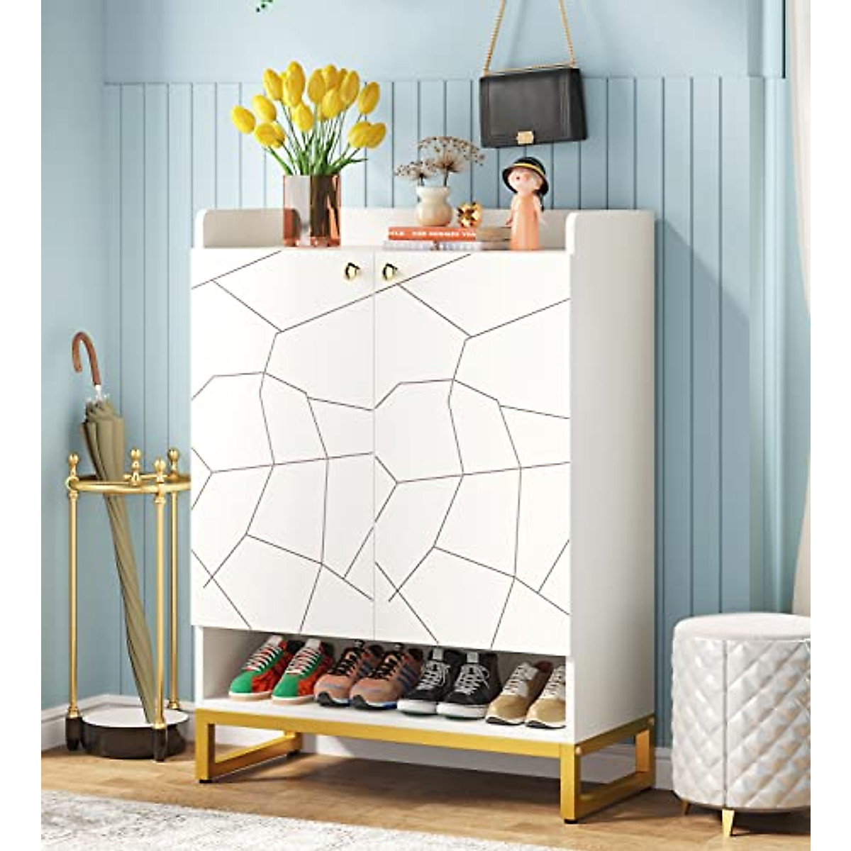 Tribesigns Shoe Cabinet, 6-Tiers Shoe Storage Cabinet with Doors for Entryway, White Gold Free Standing Shoe Cabinet Storage Organizer with Open Shelf for Living Room, Bedroom,Closet