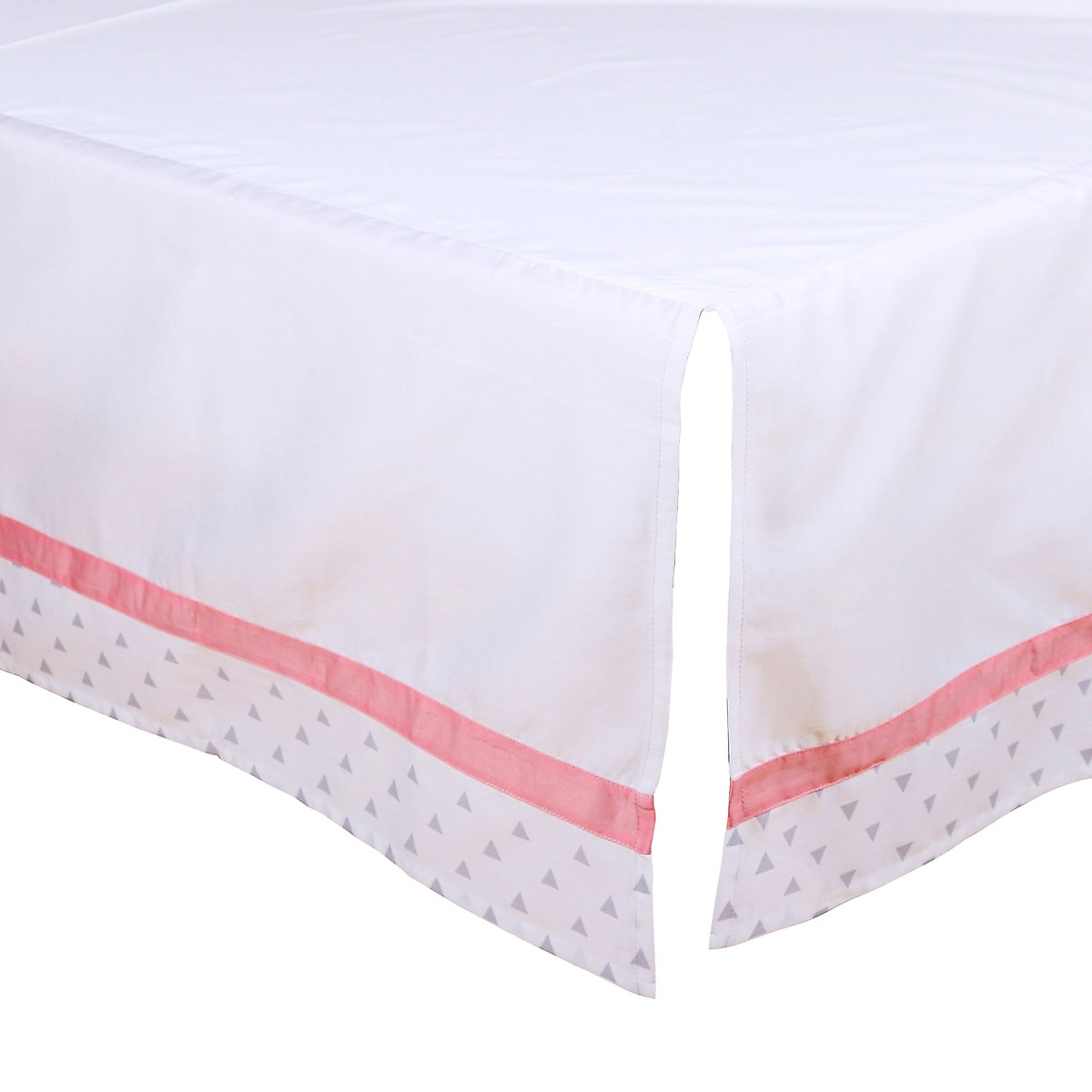 Tailored Crib Dust Ruffle with Coral and Grey Triangle Trim by The Peanut Shell