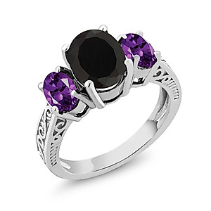 Gem Stone King 925 Sterling Silver Black Onyx and Purple Amethyst 3-Stone Ring For Women (2.53 Cttw, Gemstone Birthstone, Available In Size 5, 6, 7, 8, 9)