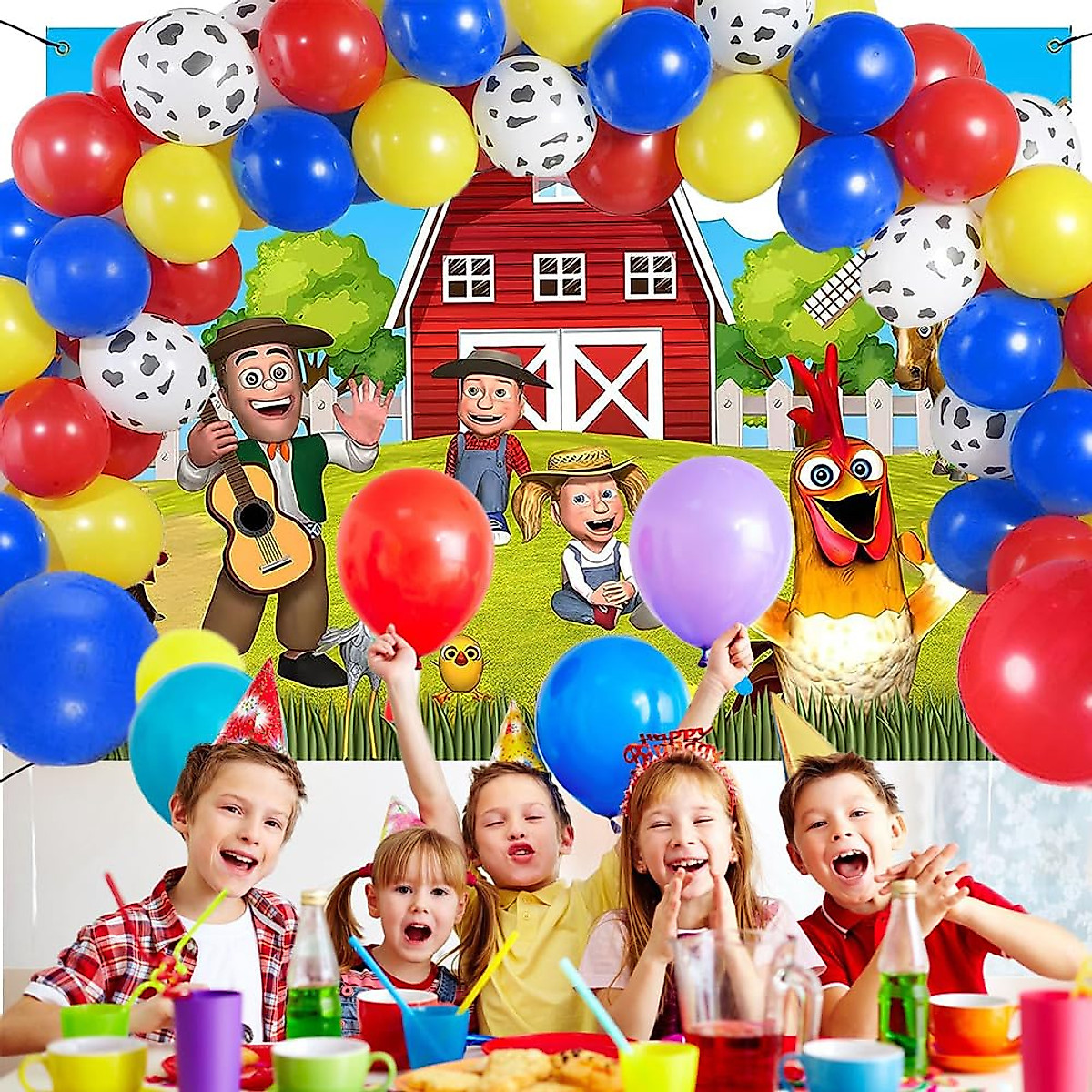 YRIOWMI 7x5 Foot Zennon Farm Children's Birthday Party Background Fabric, Birthday Party Decoration Photography Background