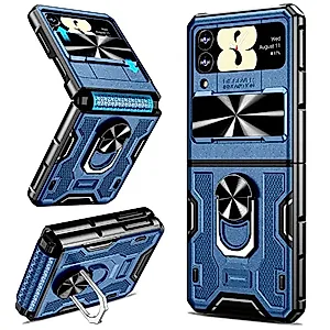 VEGO for Galaxy Z Flip 3 5G Case with Stand, Slide Camera Cover Hinge Protection 360°Rotate Ring Magnetic Kickstand Military Grade Heavy Duty Protection Armor Case for Samsung Z Flip 3 -Dark Blue