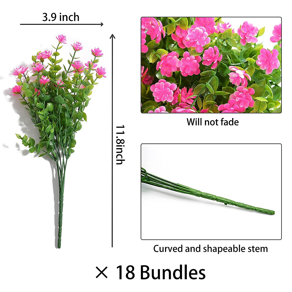 Summer 18 Pack Artificial Flowers Outdoor UV Resistant Greenery Shurbs,Fake Boxwood Stems for Outside Hanging Planter Porch Garden Windowsill Indoor Home Wedding Farmhouse Decor (Pink)