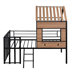 Harper & Bright Designs Kids House Beds Low Loft Bed Frame with Roof, Window, Guardrail and Ladder, Metal Twin Size Loft Bed for Kids Teens Girls Boys (Twin, Black)