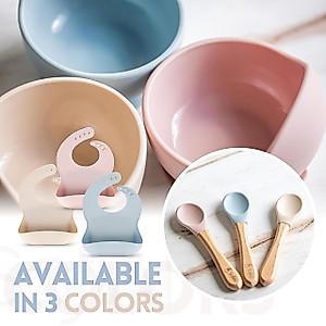 All In One Silicone Baby Feeding Set By SofiAl - Safe for 6-12 Months - Non-Toxic Baby Led Weaning Supplies, Suction Plate Or Bowl, Bib, Spoon & Gift Bag - BPA-Free - Mess Free Baby Feeding Essentials