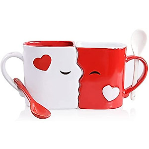 THE FASHION Set of 2 Creative Coffee Cups Double Bowl Ceramic Bowl Kiss Valentine's Day Couple Cups and Mugs High-grade Ceramics Mug Milk Water Tea Cup Drinkware Home Office Cup Lover Gift