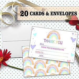 Nopoben Birthday Thank You Cards, Fill in the Blank Thank You Cards for Rainbow Theme Birthday Party Supplies, Decorations, 20 Cards With 20 Envelopes – (SRGXK004)