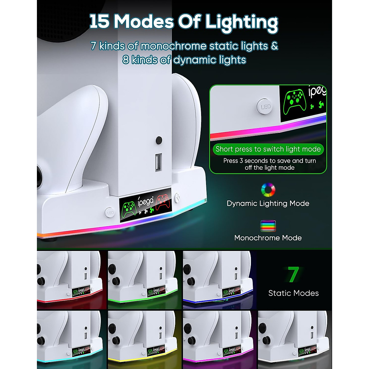 MENEEA Cooling Stand & Charging Station for Xbox Series S with 15 RGB LED Light Modes - Dual Controller Charger & Cooler Fan for Xbox Series S Accessories with 2*1400mAH Batteries and Headphone Hook