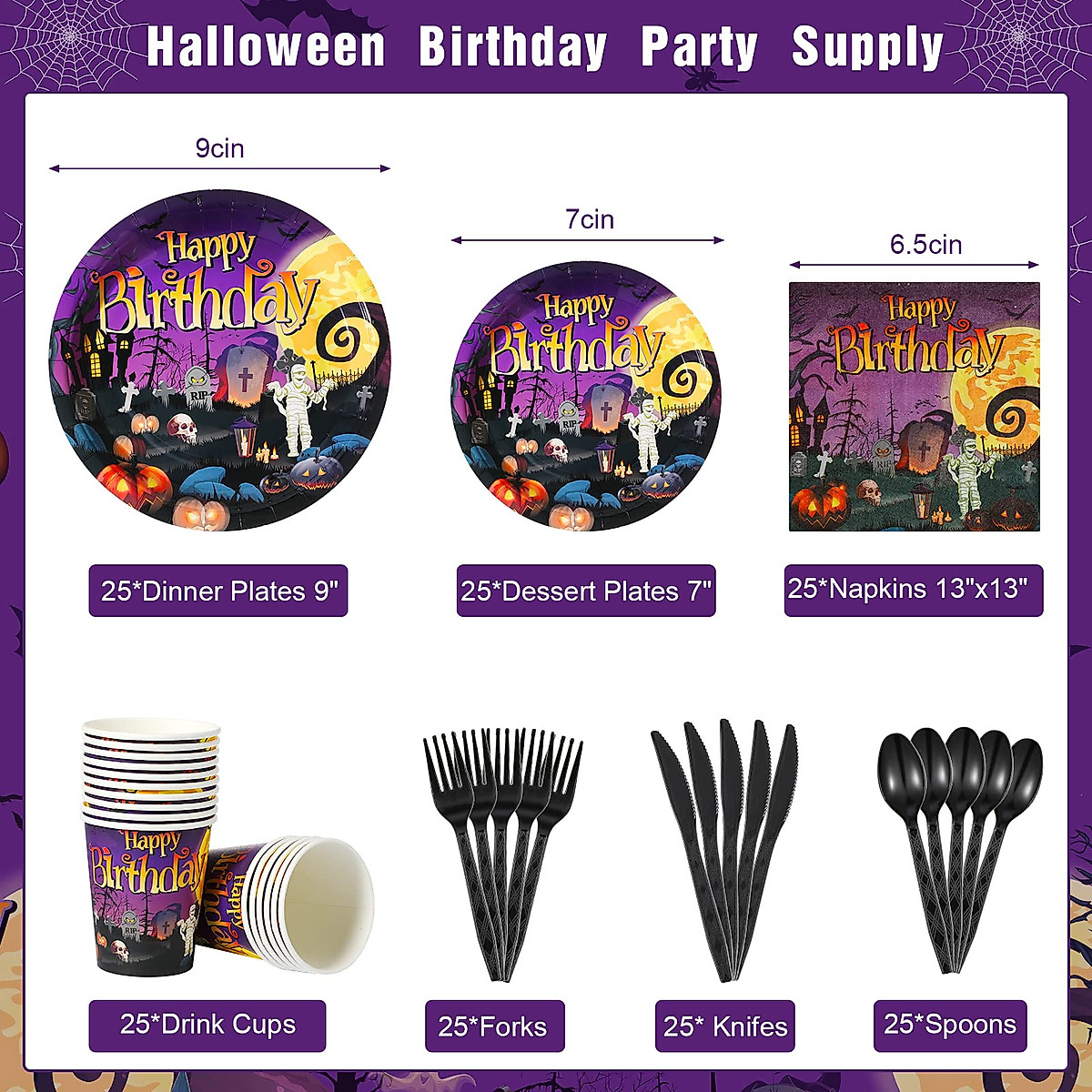 Halloween Party Supplies, Halloween Birthday Plates and Napkins Set, Disposable Paper Plates Napkins Cups Knives Spoons Forks for Kids Boy Girl Halloween Theme Birthday Party Decorations, Serve 25