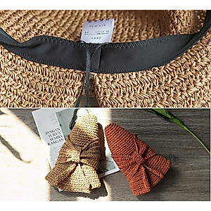 Womens Summer Sun Beach Straw Hat UPF50 Travel Foldable Wide Brim Summer UV Hat with Big Bow (Coffee)