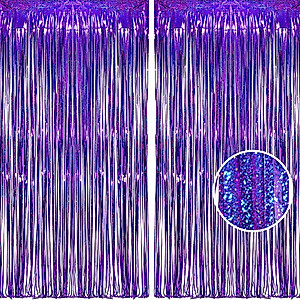 BRAVESHINE Purple Tinsel Foil Fringe Curtains - 2Pcs 3.2x8.2ft Metallic Holidays Photo Backdrop for Birthdays Valentines Bridal Shower Bachelorette Anniversary Engagement Party Supplies