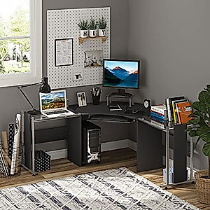 HOMCOM 69" Modern L-Shaped Tempered Glass Office Computer Desk with Elevated Monitor Stand, Rolling CPU Holder, Pull Out Keyboard Tray and Steel Frame, Black