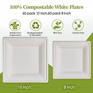 ECOLipak 120 Pack Compostable Paper Plates, 10 inch and 8 inch Heavy Duty Disposable Square Plates, Eco friendly Sugarcane Biodegradable Plates for Party Dinner Birthday