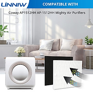 LINNIW 2 Pack 3304899 HEPA Filter Replacement Compatible with Coway AP1512HH AP-1512HH Mighty Air Purifiers, Replaces Parts # Filter 3304899, 2 HEPA Filters & 6 Pre-filters