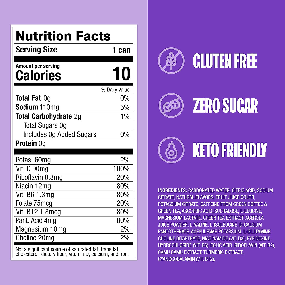 ZOA Zero Sugar Energy Drinks, Frosted Grape - Sugar Free with Electrolytes, Healthy Vitamin C, Amino Acids, Essential B-Vitamins, and Caffeine from Green Tea - 12 Fl Oz (12-Pack)