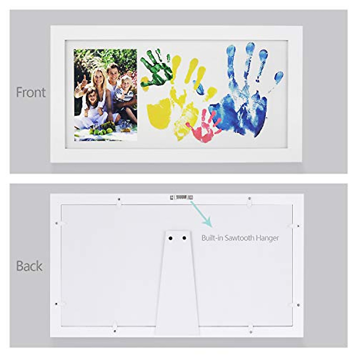 NWK DIY Family Photo + Family Hand/Footprints Kit with 10 X 17inch Elegant White Wood Picture Frame, Non-Toxic Watercolor Paints, Baby Shower Adoption Father's Day Gift for New Mom Dad (with Ink pad)