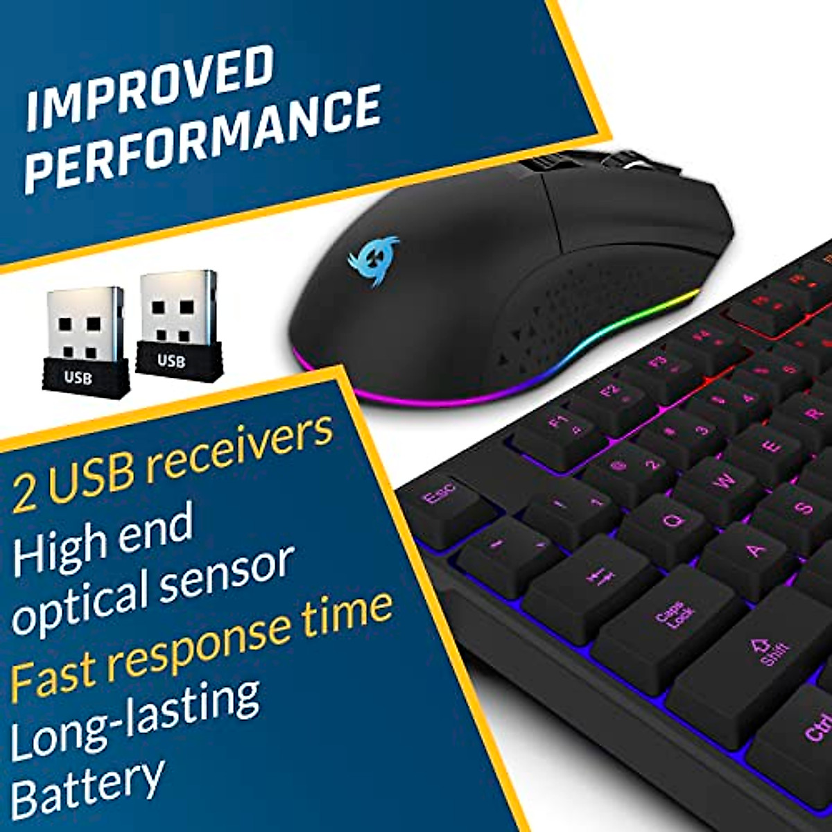 KLIM Blaze & Chroma Wireless Bundle - New 2023 - Wireless Gaming Keyboard and Mouse Combo - Responsive Durable Ergonomic - Backlit Keyboard - RGB Gaming Mouse Wireless - Long-Lasting Built-in Battery