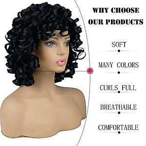 andromeda Curly Wigs for Black Women Soft Short Curly Wig with Bangs Afro Loose Curls Heat Resistant Synthetic Wig for African American Women (Black)