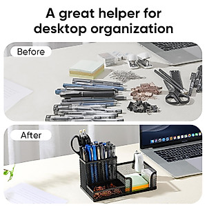 deli Mesh Desk Organizer Office Supplies Caddy with Pencil Holder and Storage Baskets for Desktop Accessories, 3 Compartments, Black