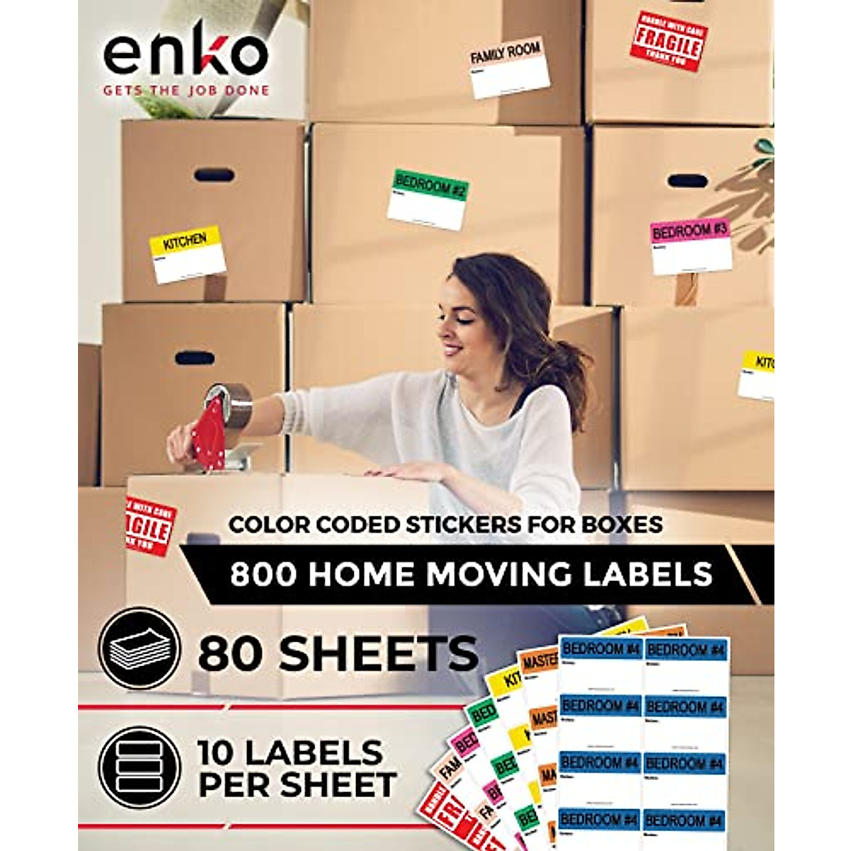 enKo - 2 x 3 Inch Extra Large Home Moving Packing Labels Stickers for Box - Color Coded for Boxes, Packing Box Fragile Stickers (800 Labels, 4 Bedroom House)