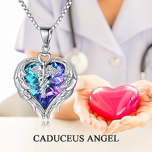 AOBOCO 925 Sterling Silver Nurse Necklace with Caduceus Angel Wing Heart Charm, Nurse Jewelry Gift for Doctor Nurse Medical Student, Made with Austrian(Blue-purple)