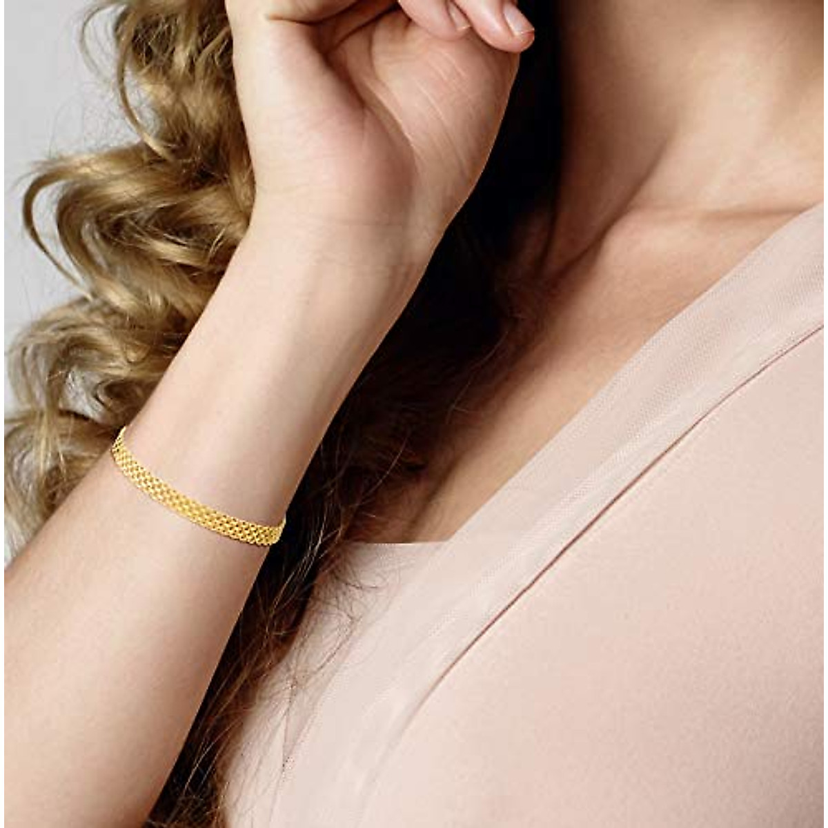 Miabella 18K Gold Over Sterling Silver Italian 6mm Solid Bismark Mesh Link Chain Bracelet for Women, 925 Made in Italy (Length 7.5 Inches)