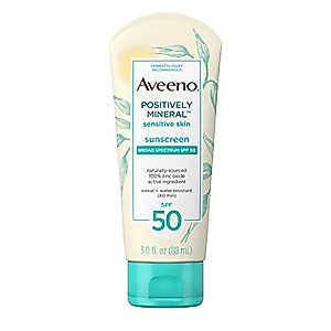 Aveeno Positively Mineral Sensitive Skin Daily Sunscreen Lotion with SPF 50 100 Zinc Oxide NonGreasy Sweat WaterResistant Sheer Sunscreen for Face Body TravelSize, Unscented, 3 Fl Oz