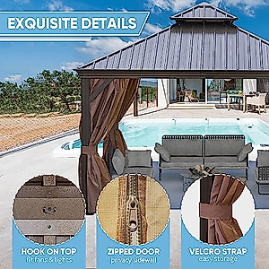 12' x 12' Hardtop Gazebo, Double Roof Permanent Patio Metal Gazebo Canopy with Netting and Shade Curtains, Drainage Ditch Design, Aluminum Pergola for Patio Backyard Deck and Lawns