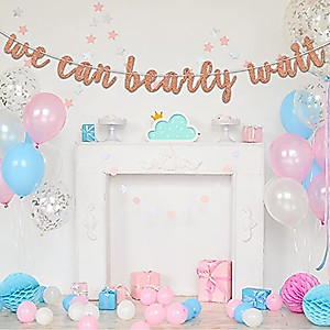 Ferastar We Can Bearly Wait Banner, Baby Shower Banner, Baby Bear Themed Baby Shower Gender Reveal Party Decoration Supply Rose Gold Glitter