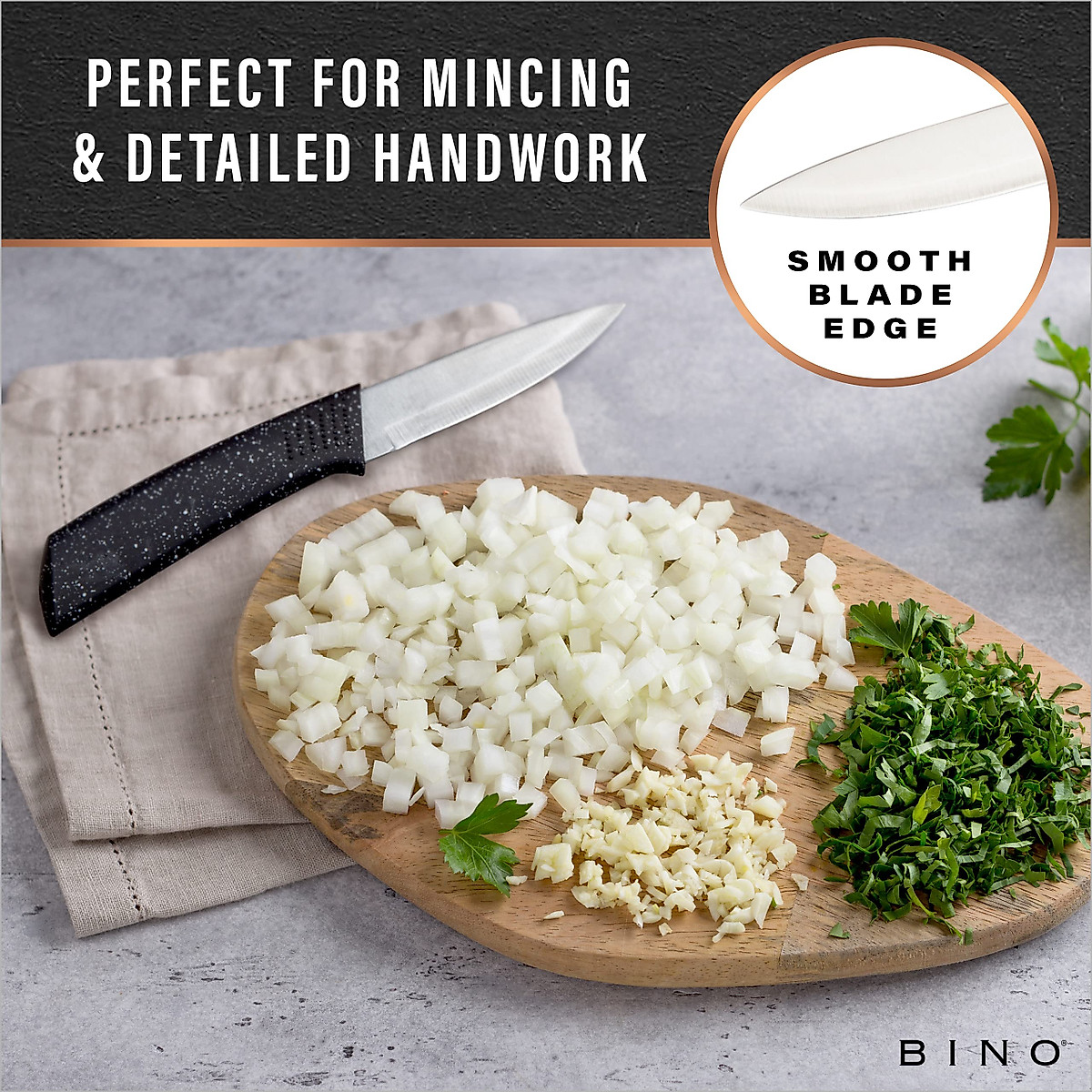 BINO 2-Piece Stainless Steel Paring Knife & Utility Knife with Blade Guards Set - Speckled Black | Sharp Knife Set with Good Grip | Cooking Knives | Peeling & Cutting Fruits & Vegetables | Meal Prep