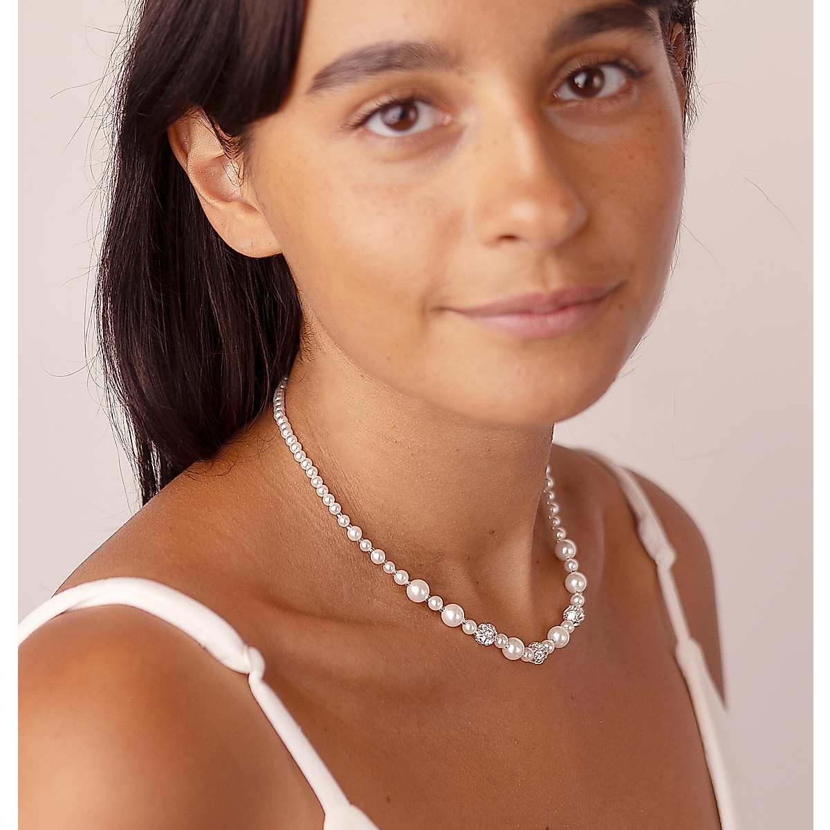 Mariell Pearl Necklace for Brides with Rhinestone Crystal Fireball Accents, 20", Bridal & Wedding Jewelry