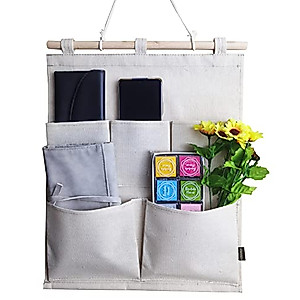 KINGREE Over The Door Magazine Storage Pockets, Wall Door Closet Hanging Storage Bag Organizer, (5 Pockets-Nature)