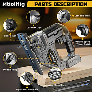 Cordless Jig Saw For Dewalt 20V/18V Battery, Brushless jigsaw tool with Variable Speed, LED Light, 0°-45° Bevel Cuts, 3-Position Orbital Action for Straight/Curve/Circle Cutting (Battery Not Include)