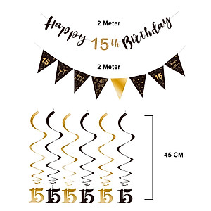 BRT Bearingshui 15th Birthday Decoration Kit for Boys Girls, Happy 15th Birthday Banner Bunting Swirls Streamers, Triangle Flag Banner for Birthday Party Decorations Supplies Black and Gold 15th