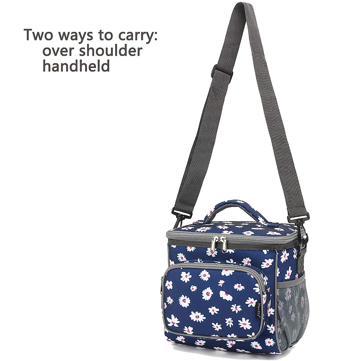 FlowFly Insulated Reusable Lunch Bag Adult Large Lunch Box for Women and Men with Adjustable Shoulder Strap,Front Zipper Pocket and Dual Large Mesh Side Pockets,Daisy