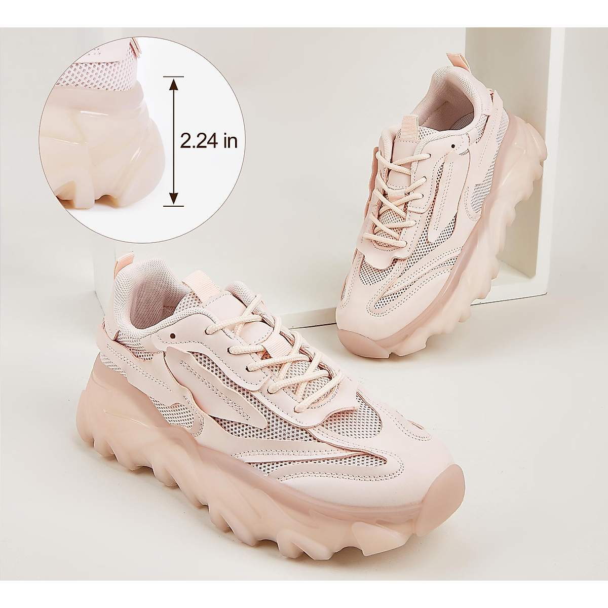 LUCKY STEP Women‘s Chunky Fashion Sneakers Platform Dad Cusual Classic Mesh Walking Shoes Comfortable Lace up Travel Sneakers(Pink,9B(M) US)