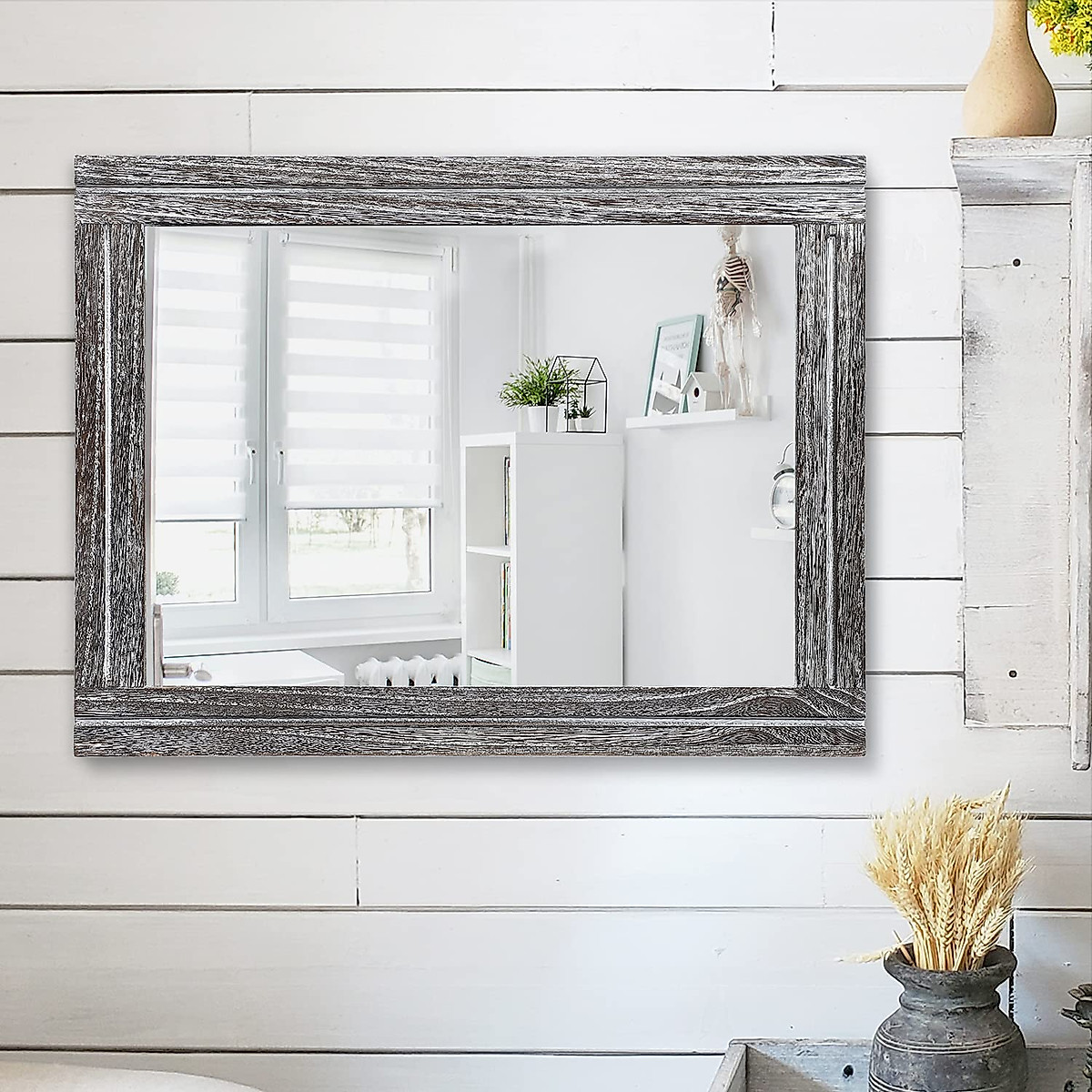 AAZZKANG Rustic Mirror Wood Framed Wall Mirror 20"x16" Rectangle Decorative Bedroom Bathroom Farmhouse Mirror