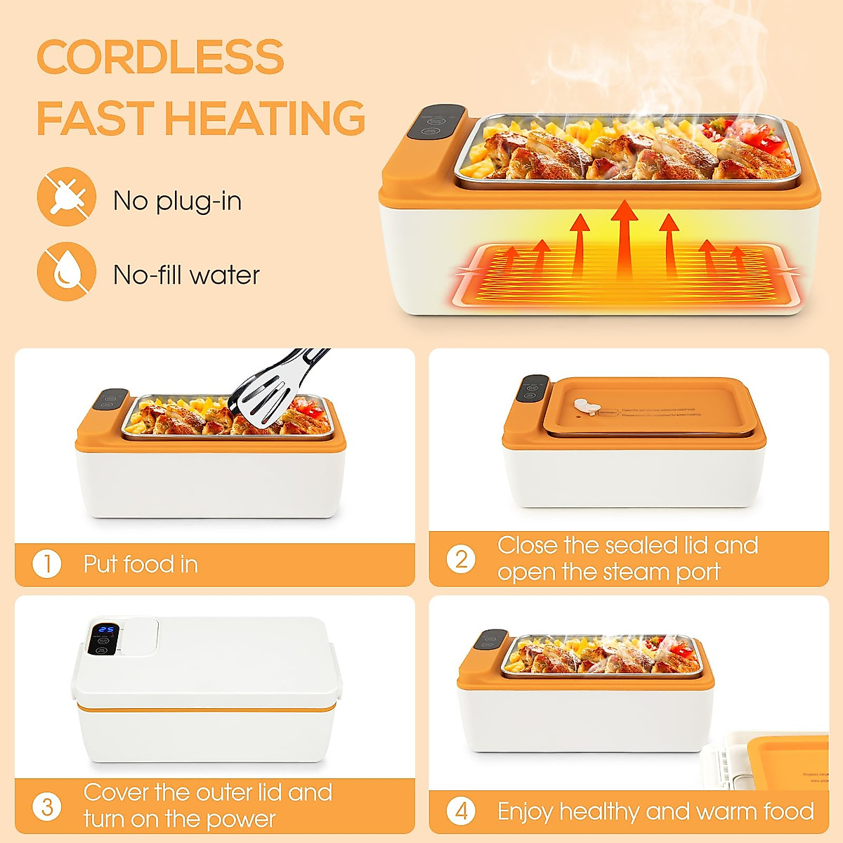 Cordless Electric Lunch Box, No Water Required Heated Lunch Box for Car/Truck/Home, USB Electric Lunch Box for Adults 1L 304 Stainless Steel Container, Warming Time Selectable with HD Digital Display