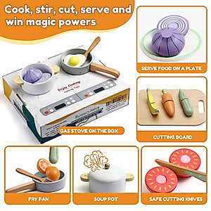 Treehouse kids, Wooden Food Set for Kids with Cookbook Magical Recipes, Wood Velcro Cutting Fruit and Vegetables Toy for Toddlers, Cooking Pretend Play, Kitchen Accessories, Early Education Toys