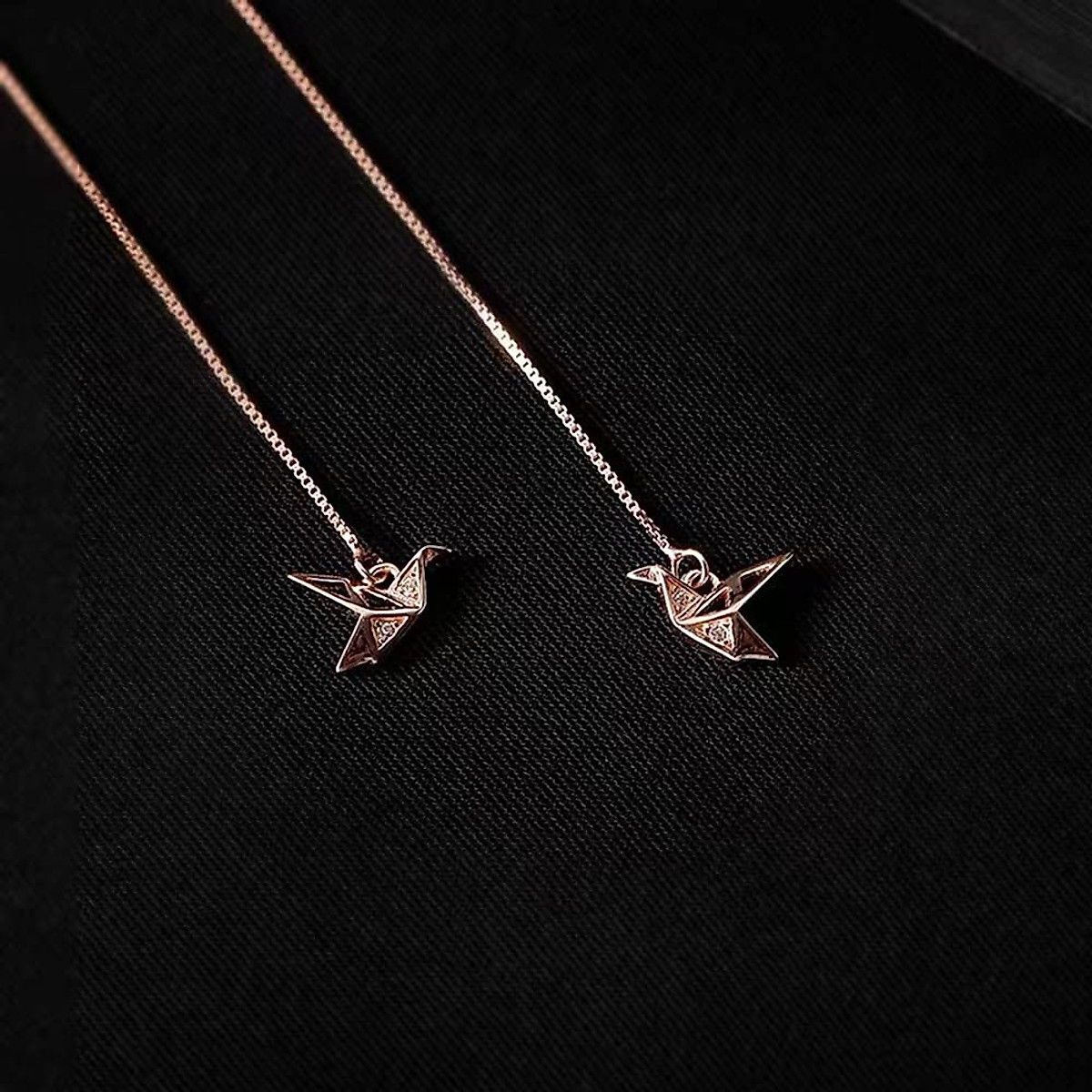 Origami Paper Crane Dangle Drop Earrings Sterling Silver Good Luck Tassel Threader Long Chain Ear Line Stud Earring Hypoallergenic for Women Girls (Rose Gold)