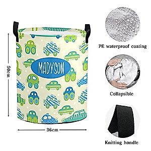 Personalized Laundry Basket with Name Custom Laundry Hamper for Boys Collapsible Durable Toys Organizer Storage Round Baskets Nursery Bedroom Decor (Car 01)