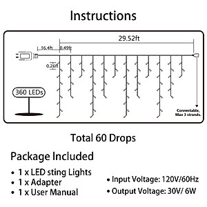 Toodour Christmas Icicle Lights Outdoor, 360 LED 29.5ft 8 Modes Fairy Icicle String Lights with 60 Drops, Led Christmas Twinkle Lights for Holiday, Party, Wedding, Christmas Decorations (Warm White)