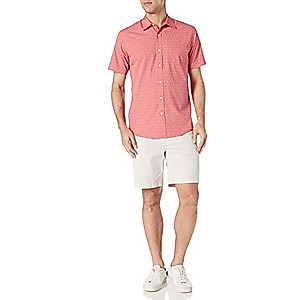 Amazon Essentials Men's Regular-Fit Short-Sleeve Poplin Shirt, Coral Orange/White, Dots, Large