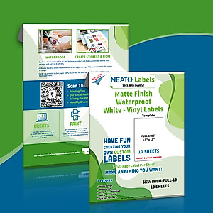 Custom Printable Matte Vinyl Stickers (8.5" x 11") - Waterproof, Tear Resistant Full Sheet Label for Inkjet & Laser Printers & All Cutting Machines - Customizable Blank White Stickers - Pack of 10