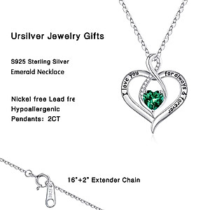 Ursilver Love Heart Emerald Birthstone Necklace - S925 Sterling Silver Birthstone Necklace May Birthstone Necklace Mothers Day Gifts Christmas Gifts Jewelry Gifts for Women Mom Wife Grandma